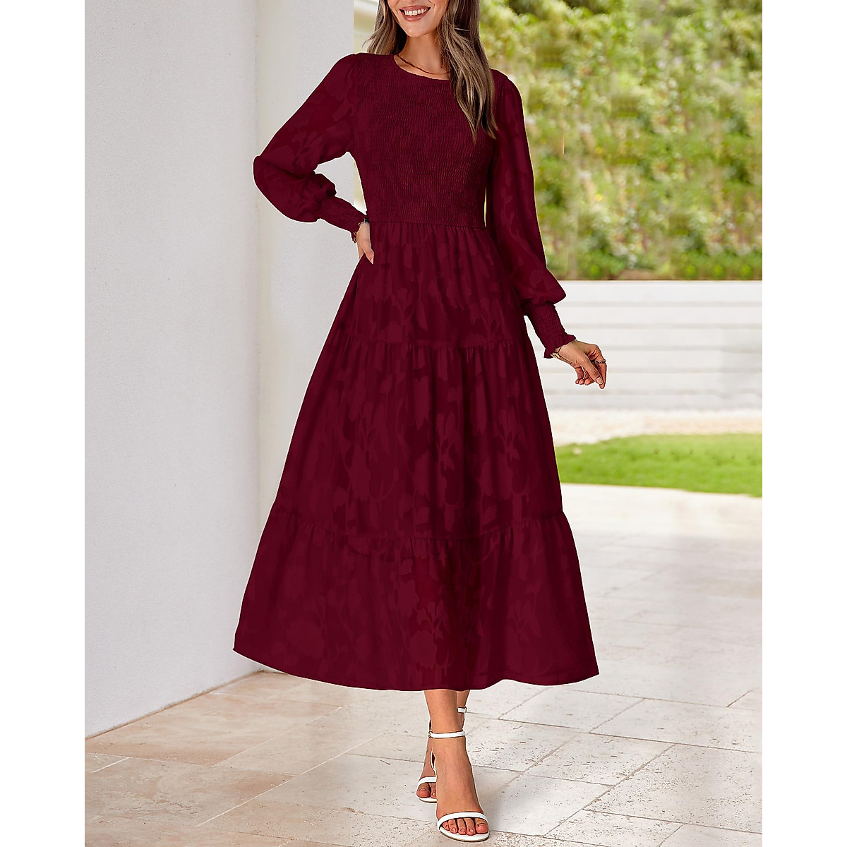BTFBM Casual Women's 2025 Fall Dresses Elegant Wedding Guest Dress Long Sleeve Floral Midi Dress Flowy Bohemian Long Dress(Wine Red,Large)