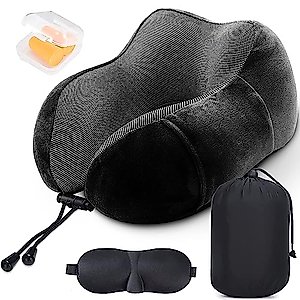 KLERICER Travel Neck Pillow, Memory Foam Neck Pillow for Airplane, Portable 360°Head Support Travel Foam Neck Pillow, with Eye Mask,Earplug and Carry Bag for Airplane, Sleeping, Office (Black)