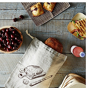 Linen Bread Bags - 2-Pack 11 x 15" Special Art Design Natural Unbleached Linen Reusable Food Storage for Homemade Artisan Bread