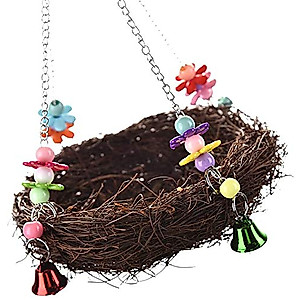 Bird Swing Nest Chew Toy with Bells Natural Rattan for Small Medium Parrots Parakeet Cockatiel Cockatoo African Grey Canary Conure Finch Lovebird Cage Accessories (S)