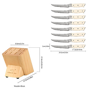 Damascus Steak Knives Set of 8, 5 Inch Serrated Steak Knife Set with Block, Full Tang Blade with Non-slip ABS Ergonomic Triple Rivet Handle for Gift, Natural Wooden Block