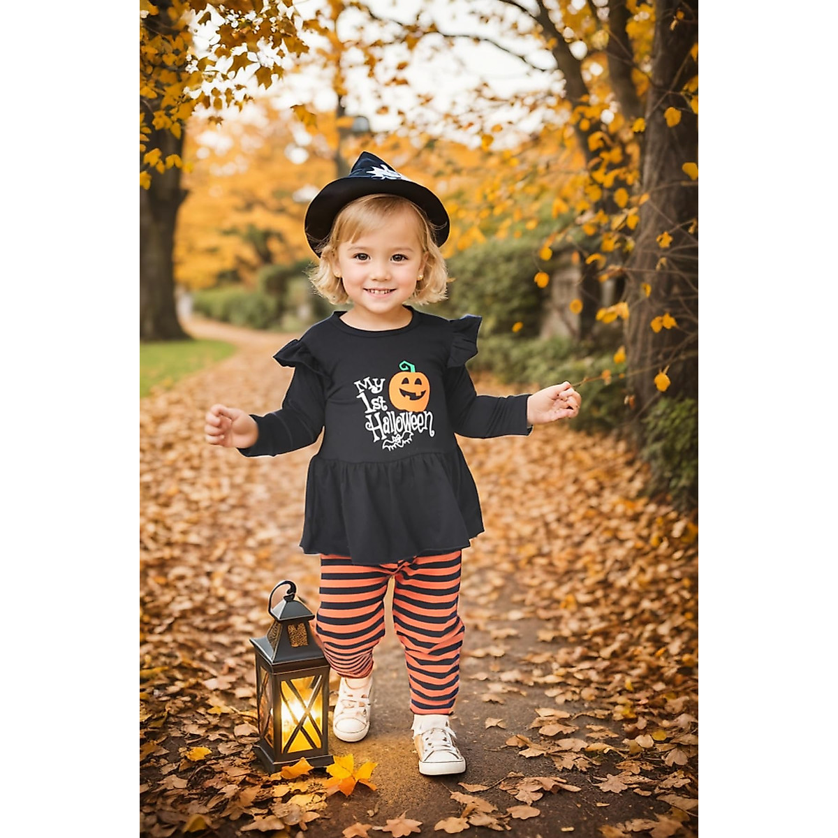 Noubeau My 1st Halloween Baby Girl Outfits Ruffle Pumpkin Print Tunic Drees Shirt Stripe Pants Legging Fall Winter Clothes（Black- A,6-12 Months）