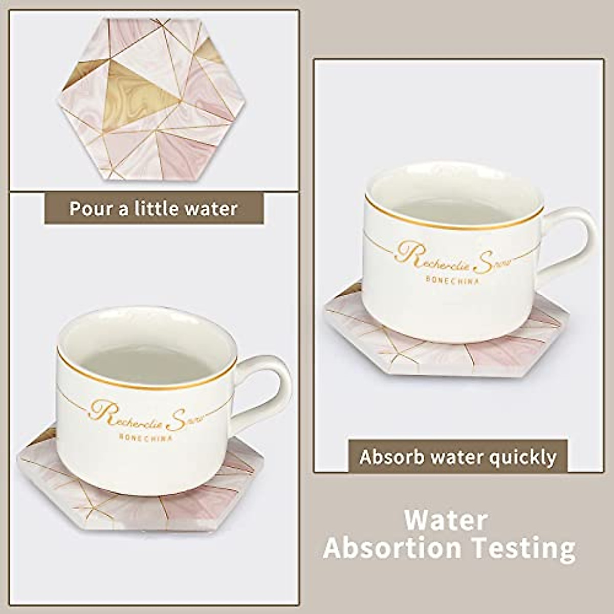 6 Pcs Pink Marble Coasters with Holder Gold Absorbent Drink Coasters Hexagon Cute Ceramic Table Coaster Set Decorative Bar Coasters Modern Coffee Cup Coasters
