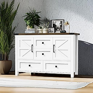 VVFLU Farmhouse White Dresser for Bedroom with 4 Drawers and 2 Barn Doors, White Wood Chest of Drawers 47 Inch Wide, Large, Long, Adjustable Shelves, 5 Legs, Living Dining Room, Entryway, Hallway