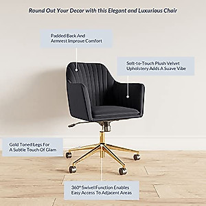 BELLEZE Modern Upholstered Velvet Desk Chair with Swivel Wheels and Adjustable Height, Decorative Rolling Office or Vanity Armchair, Stylish Comfy - Alayah (Black - Gold)