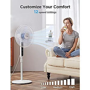 PELONIS 16" Oscillating Pedestal Stand Up Fan | Adjustable Height | Ultra Quiet DC Motor | Remote Control | 12 Speed | 12-Hour Timer | High Energy Efficiency | for Bedroom Home Office Use | White