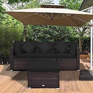 Tangkula 4 PCS Patio Rattan Sofa Set, Outdoor Wicker Sectional Furniture Set, Patio Conversation Set with Removable Cushions & Pillows for Backyard Porch Garden Poolside Balcony (Black)
