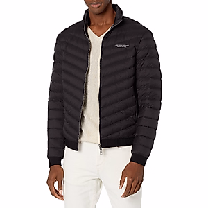 A | X ARMANI EXCHANGE Men's Quilted Down Milano/New York Logo Zip-up Jacket, BLACK/MELANGE GREY B, Medium
