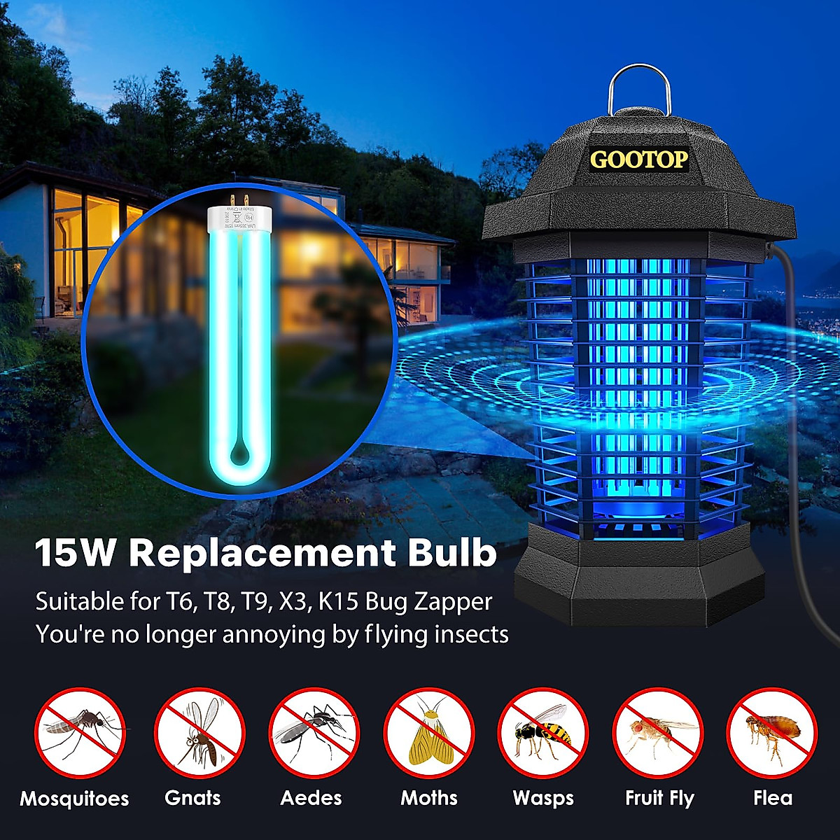 GOOTOP Replacement Bulb for Zap T6 Pro, K15, T9, X3 Bug Zapper Outdoor, 15W, 4-Pin Base, U Shaped Twin Tube Bulb for Outdoor Mosquito Zapper,2 Pack