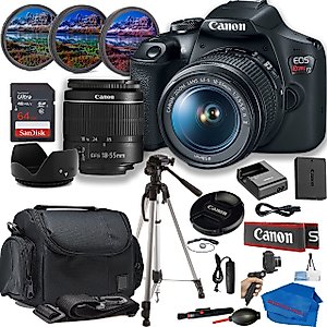 Canon Rebel T7 Bundle: Includes 18-55mm is II Lens, Tripod, 64GB Memory Card, Carry Case, and 3-Piece Filter Kit for Stunning Photos and Videos (Renewed)