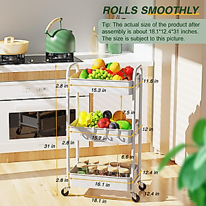 LEHOM 3 Tier Rolling Utility Cart, Metal Trolley Cart with Wheels, Hooks, Easy Assembly Organizer Storage Cart for Bathroom, Kitchen, Office, Bedroom(White)