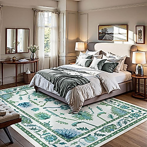 Uphome Area Rug 8x10 Rugs for Living Room, Green Non-Slip Washable Bedroom Rug, Soft Oriental Turkish Dining Room Rug, Modern Oushak Floral Room Rug for Office Playroom Guest Room