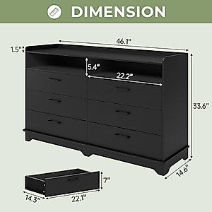 Hasuit 6 Drawers Dresser for Bedroom, Double Long Dressers Chests of Drawers with Open Cubby, Large Clothes Storage Organizer, Dimensions 14.6" D x 46.1" W x 33.6" H