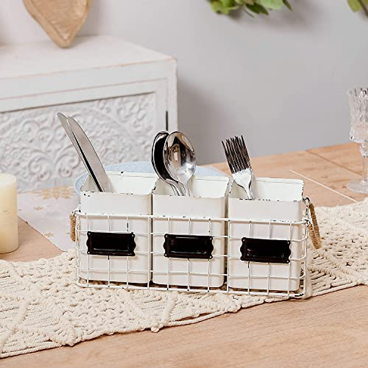NIKKY HOME Farmhouse 3 Compartment Flatware Cutlery Caddy Countertop Silverware Holder for Spoons, Knives, Forks - White