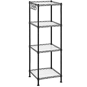 SONGMICS Bathroom Shelf, Storage Rack for Small Space, Total Load Capacity 176.4 lb, 11.8 x 11.8 x 40.2 Inches, with 4 PP Sheets, Removable Hooks, Extendable Design, Black and Translucent ULGR104B01