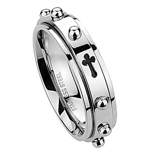 DoubleAccent 6MM Stainless Steel Cross Rosary Spinner Praying Ring, 13