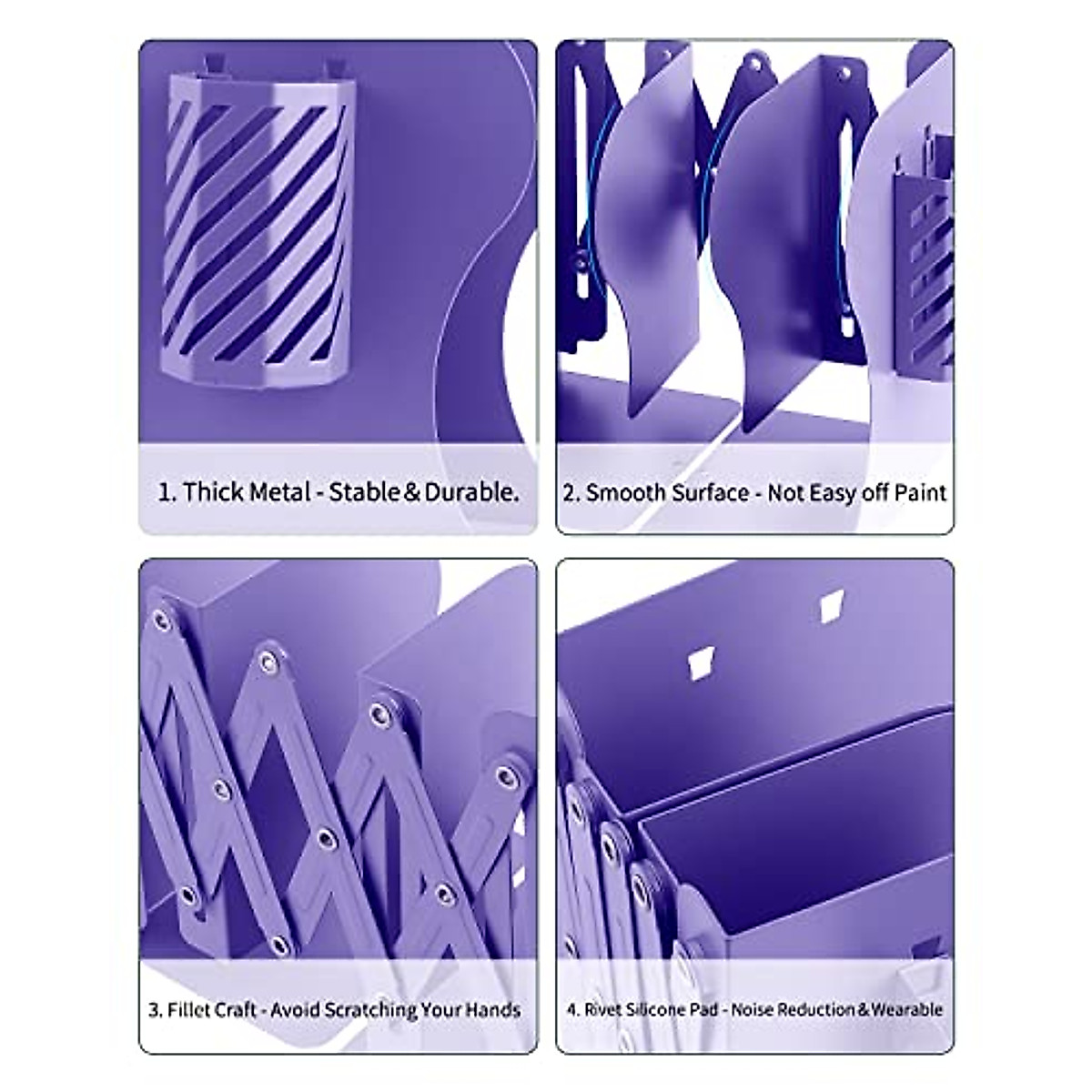 MSDADA Adjustable Bookends, Book Ends for Heavy Books, Expandable Book Organizer with Pen Holder for Desk, Shelf, Office, for 6 7 8 9-15 Boys and Girls, Extends up to 19 inches (Purple)