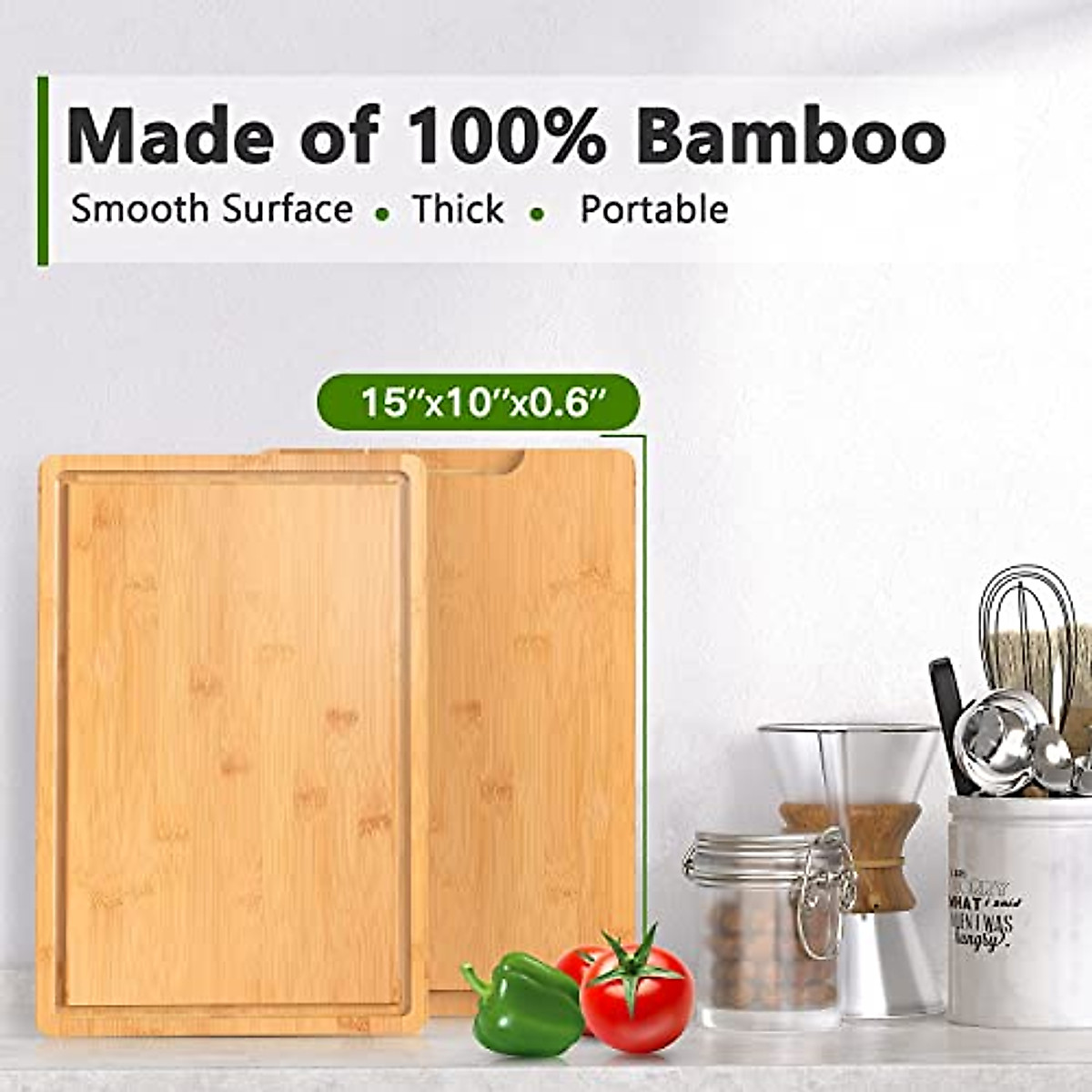 Bamboo Cutting Board for Kitchen, Bamboo Chopping Board with Handle and Juice Groove, Heavy Duty Butcher Block Cutting Board for Meat Cheese and Vegetables, Medium, 15" x 10"