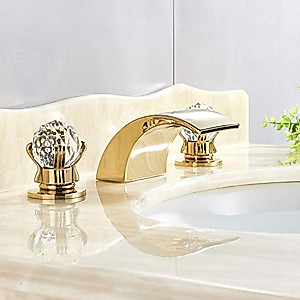NeierThodore LED Widespread Bathroom Faucet Waterfall Gold Polished Lavatory Faucets Basin Mixer Tap 2 Crystal Knobs 3 Holes