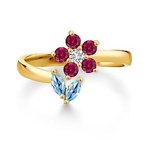 18K Yellow Gold Plated Silver Swiss Blue Topaz Red Created Ruby and White Lab Grown Diamond Flower Open Ring For Women (0.54 Cttw, Gemstone November Birthstone, Available In Size 5, 6, 7, 8, 9)