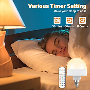 E12 Rechargeable Light Bulbs with Remote Control Timer and 15 Color Temperature,350LM,Removable Base,Magnetically,Battery Operated Light Bulbs,USB Fast Charging,Dimmer,for Non-Hardwired,2Packs