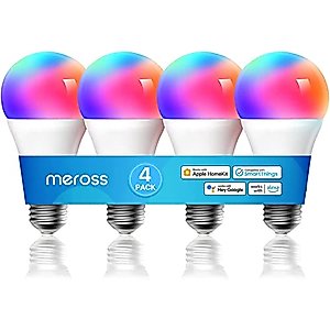 Smart Light Bulb, meross Smart WiFi LED Bulbs Compatible with Apple HomeKit, Siri, Alexa, Google Assistant and SmartThings, Dimmable E26 Multicolor 2700K-6500K RGBWW, 810 Lumens 60W Equivalent, 4 Pack