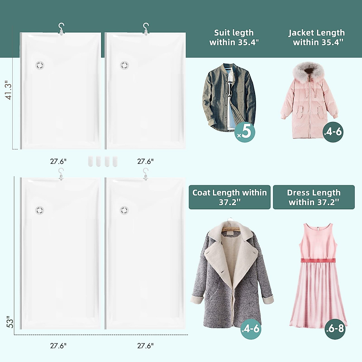 Napzzzz Hanging Vacuum Storage Bags, Space Saver Bags for Clothes, Set of 4 (2 Long, 2 Short), Premium Space Saver Vacuum Storage Bags for Clothing, Suits and Coats, Clothes Compression Storage Bags