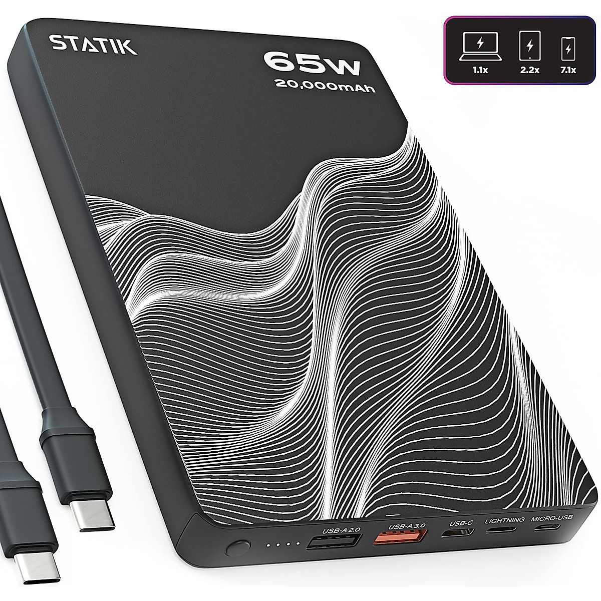 Statik 65W Laptop Power Bank 20000MAh | Fast Charging Powerful & Slim | Charge 3 Devices at Once | USB-C Portable Laptop Charger External Travel Battery Pack, Works with iPhone, Tablet and More