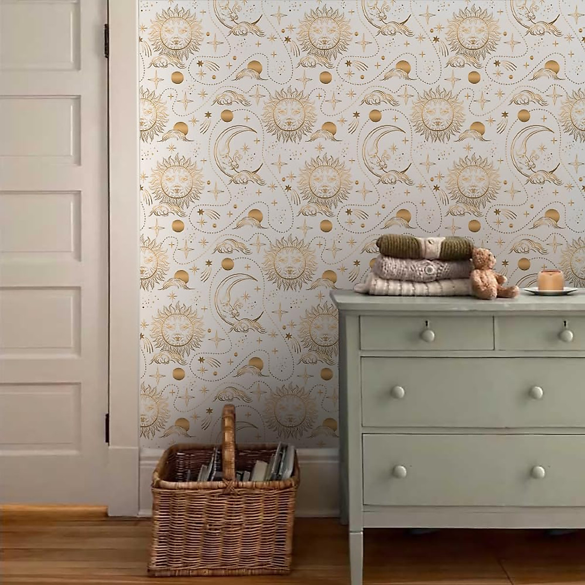 VistaPalette 18"x236" Cartoon Fairy Sun Moon Star Golden Peel and Stick Self Adhesive Wallpaper Removable Contact Paper Stick on Easy Peel Off Wall Paper for Kitchen Bedroom Bathroom Renter