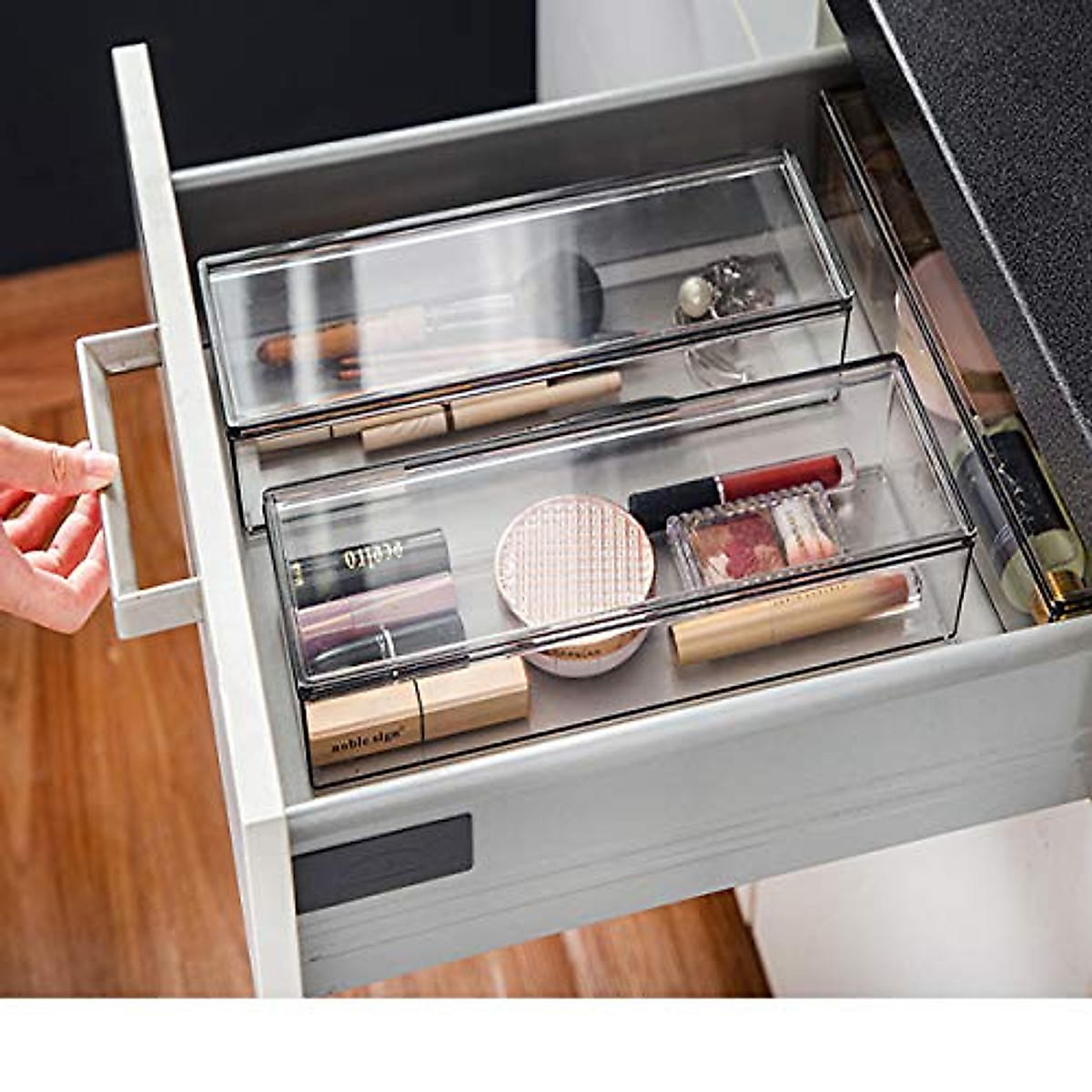 AIYoo Transparent Flatware Tray Kitchen Drawer Organizer With Lid - Plastic Kitchen Cutlery Tray and Utensil Silverware Storage Container with Cover - Dinnerware Holder for Camper Picnic