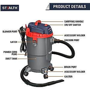 Stealth Wet Dry Vacuum Cleaner 8 Gallon, 5.5 Peak HP Shop Vacuum with Blower & Drain Port for Home, Garage, Car, Workshop, ECV08P1