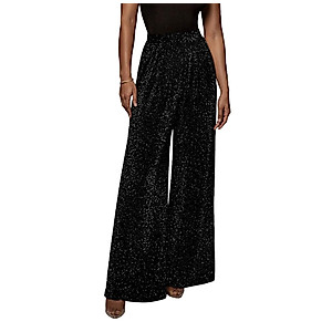 GUOLEZEEV Women Sparkle Party Pants Wide Leg Casual Loose Fit Long Palazzo Pant Black XL
