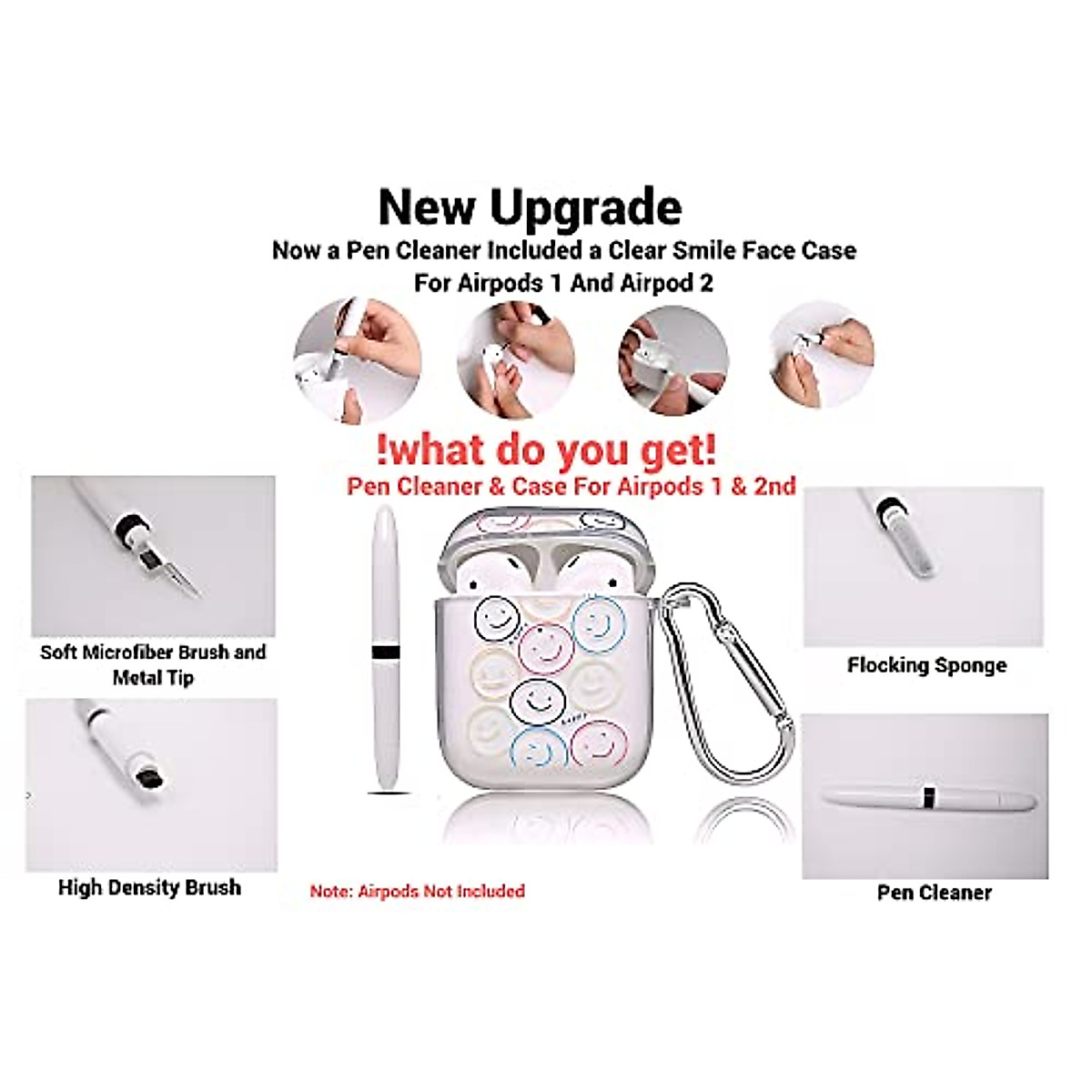 REDX1 New upgrade 4 in 1 Pen Cleaner With Smile Airpods Case, for Airpods with Soft Brush Flocking Sponge and Metal Tip for Any Bluetooth Earphones, Pen Cleaning Tools,Multi-Function Cleaner Kit