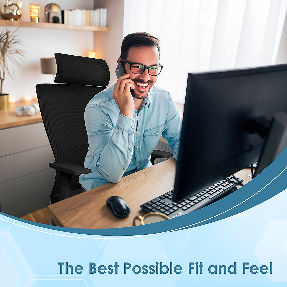 Ergonomic Office Chair with Footrest - Reclining Computer Desk Chair with Wheels for Adults, Lumbar Support, Fixed Arm Rests, Adjustable Height, Breathable Mesh Headrest & Back Rest