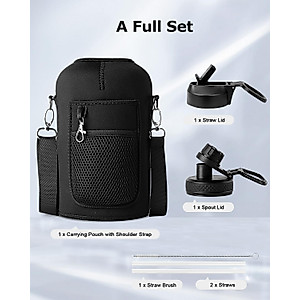 64oz Water Bottle Insulated with Straw & 2 Lids, INSPI Double Wall Vacuum Stainless Steel Metal Large Jug with Handle, Wide Mouth Flask Mug with Carry Pouch, Keep Cold Hot for Travel, Indigo Black