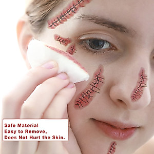 Halloween Scar Temporary Tattoos 3D Body Face Realistic Fake Stitches Tattoo Sticker Waterproof for Chucky Costume Zombie Vampire Makeup Prank Props Cosplay Kids Adults
