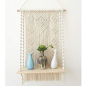 BLUETTEK Macrame Wall Hanging Shelf, Boho Decorative Floating Plants Swing Hanging Shelf Wooden Storage Hanger, Handmade Cotton Rope Woven Home Wall Decor