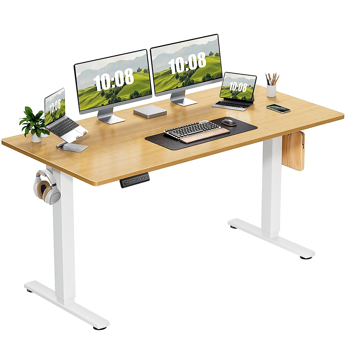Sweetcrispy Electric Adjustable Height Standing Desk - 63 x 24 inch Sit to Stand Up Desk with Splice Board, Rising Home Office Computer Table with 2 Hook and Wire Hole for Work