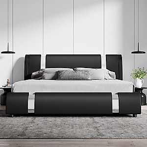 SHA CERLIN King Size Bed Frame with Iron Pieces Decor and Adjustable Headboard/Deluxe Upholstered Modern Platform Bed with Solid Wooden Slats Support/No Box Spring Needed, Black