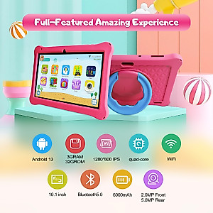 ATMPC Kids Tablet 10 inch Android 13 Tablet for Kids, 3GB RAM+32GB ROM Toddler Tablet with 6000mAh Battery IPS HD Display Support WiFi Bluetooth Parental Control Kids Learing Tablet with Pink Case
