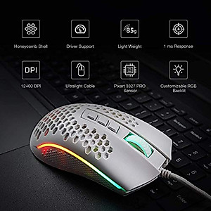 Redragon M808 Storm Lightweight RGB Gaming Mouse, 85g Ultralight Shell - 12,400 DPI Optical Sensor - 7 Programmable Buttons - Precise Registration - Super-Lite Cable - White