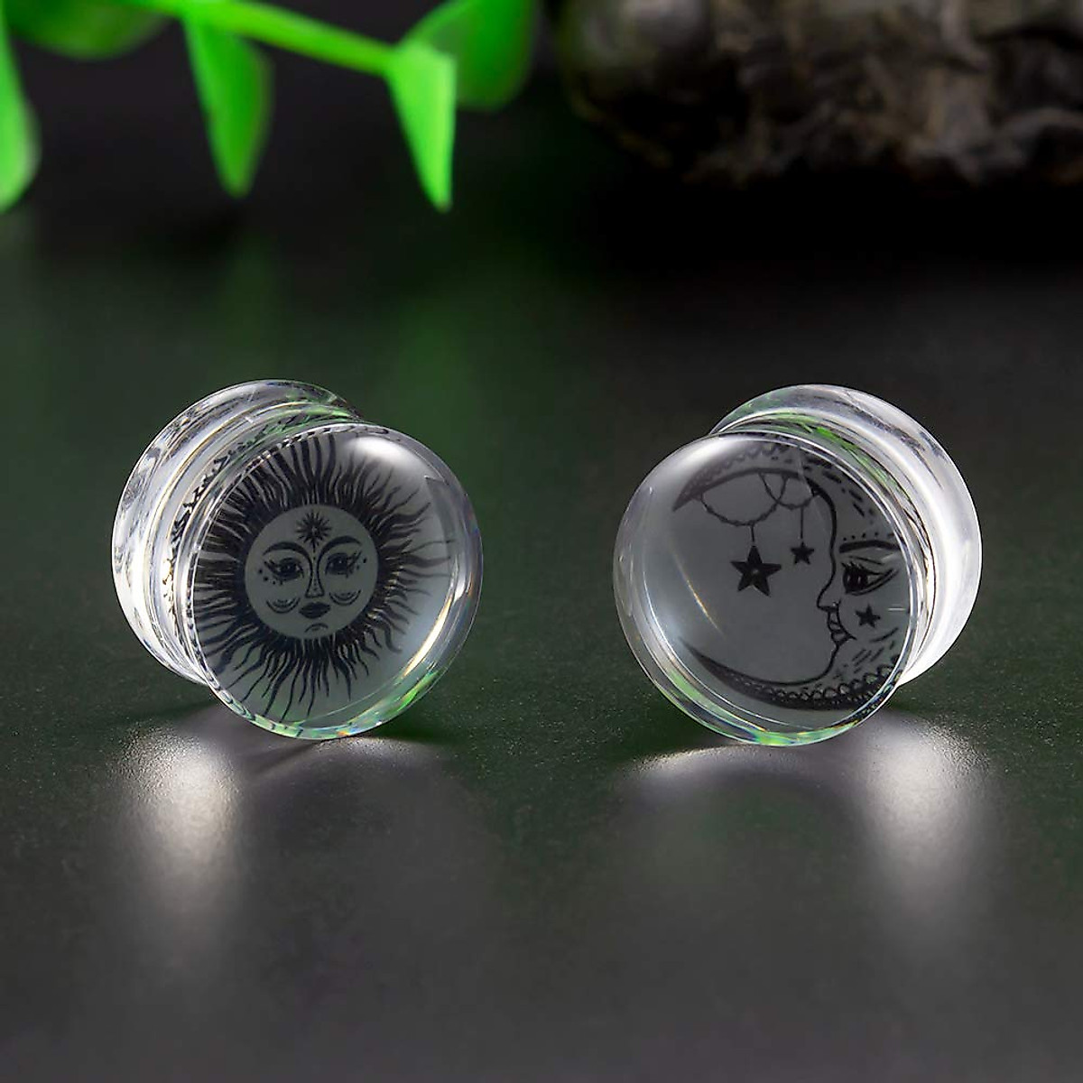 COOEAR Ear Gauges Piercing Saddle Plugs, Double Flared Tunnels, Acrylic Sun and Moon Logo Earrings Matched Stretchers.