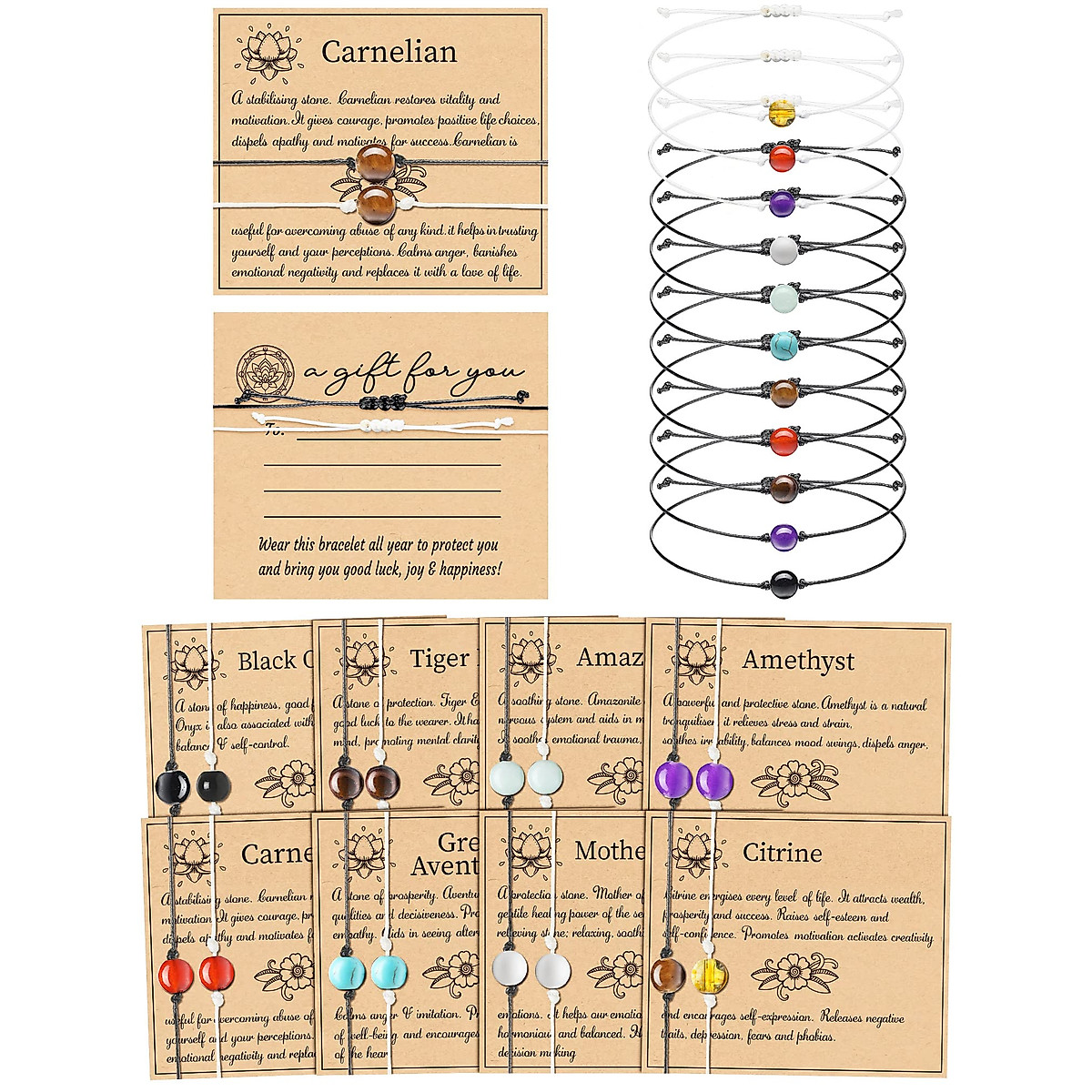 16 Pcs Carnelian Crystal Bracelet Adjustable Gemstone Bracelet with Wish Cards Braided Beaded Spiritual Bracelets Gemstone Anklet Crystal Anklet Yoga Reiki Gift Energy Jewelry for Couple Friendship