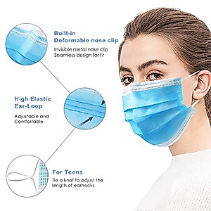 Wecolor 100 Pcs Disposable 3 Ply Earloop Face Masks, Suitable for Home, School, Office and Outdoors (Blue)