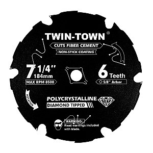 TWIN-TOWN PCDT71406 7-1/4 Inch 6 Tooth Polycrystalline Diamond Tipped (PCD) Hardie Fiber Cement Saw Blade with 5/8 Inch Arbor