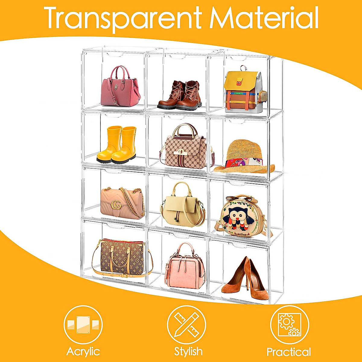 Cutora 6Pack Purse Organizer for Closet Clear Acrylic Display Case Handbag Storage Organizer Box with Magnetic Door Stackable Storage Bins with Dustproof Lid for Book Toys Shoes Cosmetic Collectibles