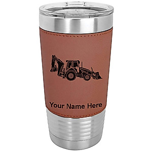 LaserGram 20oz Vacuum Insulated Tumbler Mug, Backhoe Loader, Personalized Engraving Included (Faux Leather, Dark Brown)