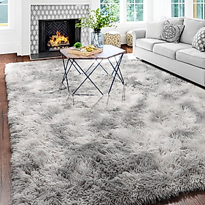Amdrebio Tie-dyed Light Grey Area Rug for Bedroom, Soft Shag Furry Rug 5x7 for Living Room, Fluffy Fuzzy Rugs for Kids Room Decor, Modern Shaggy Carpet for Classroom Office, Plush Indoor Rug