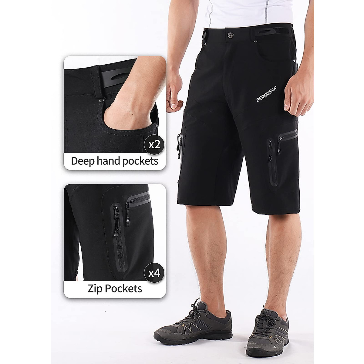 BERGRISAR Men's Cycling Shorts Mountain Bike Shorts Bicycle Shorts Biking Shorts Zipper Pockets 1806BG Black Size X-Large