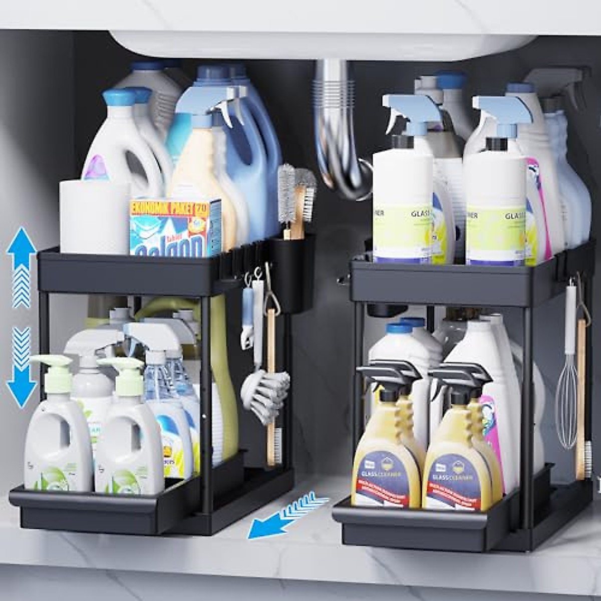 ESSBLIN Under Sink Organizer, Height Adjustable,2 Pack Black Under Bathroom Cabinet Storage with Hooks Hanging Cup,2 Tier Sturdy Large Capacity Pull Out Drawer for Kitchen Cleaning Supplies